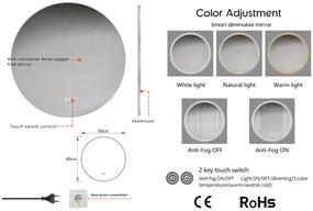 Erga Sofia, kulaté LED zrcadlo 60cm, 1380 lm, 3 barvy světla, ERG-V01-207-6060