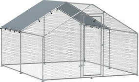 PawHut Venkovní Kurník, 3x3,4x1,9m 10,2m² Zinkem Potahovaný Ocelový Systém pro 10-15 Slepice, Kurník s Voděodolnou Anti-UV Střechou a Zámkem, pro Malá