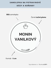Samolepka na láhev MONIN VANILKOVÝ průměr 5 cm – bílá vinylová, voděodolná, omyvatelná samolepka na dózy, tučné písmo