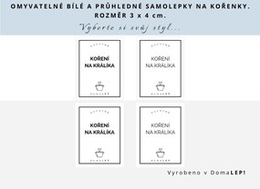 KOŘENÍ NA JEHNĚČÍ - Samolepka na kořenky 3 x 4 cm - DomaLEP varianta: PRŮHLEDNÁ - tučné písmo