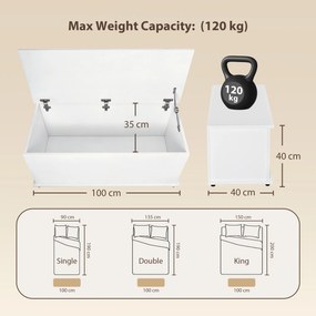HOMCOM Dřevěný Úložný Truhlicový Otoman s Víkem pro Uložení v Ložnici a Obývacím Pokoji, Nosnost 120 kg, 100x40x40 cm, Bílý