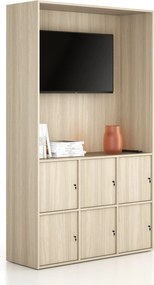 Kancelářská skříň FRAME, 6x dveře, prostor pro TV, 1299 x 450 x 2162 mm, cylindrický zámek, dub přírodní