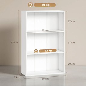 HOMCOM regál s 3 přihrádkami a nastavitelnou policí, 60 x 24 x 93 cm, bílá