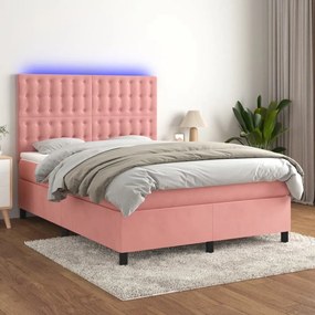 Box spring postel s matrací a LED růžová 140x200 cm samet