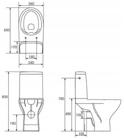 Cersanit Moduo 43 - WC kombi zadní odpad 3/5 CLEAN ON+WC sedátko duroplast SLIM, Bílá, K116-036