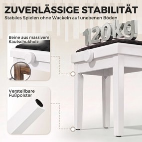 HOMCOM Výškově nastavitelná klavírní lavice, klavírní stolička s polstrovaným sedákem, vzhled sametu, nohy z kaučukového dřeva, bílá