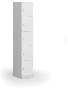 Šatní skříňka s úložnými boxy, 5 boxů, 1850 x 300 x 500 mm, cylindrický zámek, laminované dveře, bílá