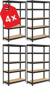 Regál 200x120x40 cm lakovaný 5-policový, nosnost 875 kg - černý - 4ks