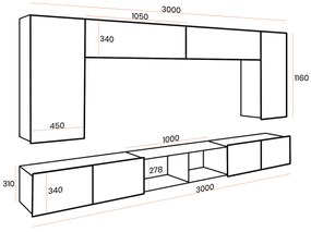 GAB Obývací stěna LORONA 23, Černá/Dub Artisan 300 cm