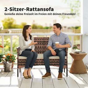 2místná ratanová zahradní pohovka PE ratanová venkovní pohovka na terasu s polštářem, protiskluzové rohože, ocelový rám, khaki barva