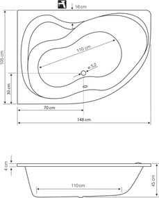 Aqualine Cidlina G3618 asymetrická vana 150 x 105 cm akrylátová levá