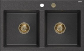 Mexen Hektor, 2-komorový granitový dřez 800x480x205 mm, černá skvrnitá, zlatý sifon, 6521802000-76-G