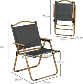 Kempingové židle, 2 x plážová židle, skládací, ocel, vzhled dřeva, tmavě šedá