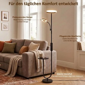 HOMCOM LED stropní reflektor s odkládacím stolkem a čtecí lampou, stmívatelná stojací lampa s dálkovým ovládáním, 4 barevné teploty