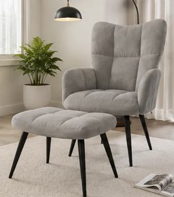 křeslo relaxační, s podnožkou, odpočinkové, ušák, kov/samet, 98x63x69 cm, černá/světle šedá, Dekorino KR20260015