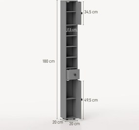kleankin úzká vysoká koupelnová skříňka s šuplíkem a 4 otevřenými policemi, šedá (20 × 20 × 180 cm)
