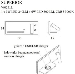 Maxlight W0291L SUPERIOR Nástěnné svítidlo s USB a indukční nabíječkou, bílé