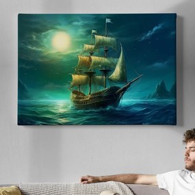 Obraz na plátně - Velká plachetnice na moři za úplňku FeelHappy.cz Velikost obrazu: 120 x 80 cm