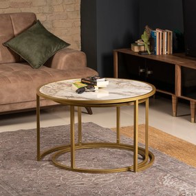 Hanah Home Odkládací stolek (2 kusy) Tambur - Gold, Zlatá, Bílá