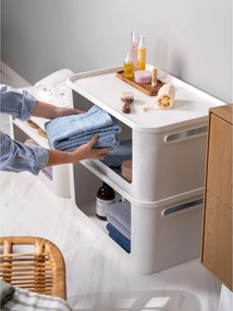 Úložný box s otevřenou přední hranou, MODULE, s víkem, bílý -  59,5 × 39,5 × 30 cm