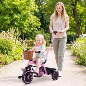 Costway Dětská tříkolka 3 v 1 s vodicí tyčí a košíkem, růžová