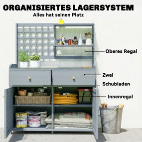 Outsunny světle šedý zahradní stůl na přesazování se skříňkou a pozinkovanou pracovní deskou, 2 zásuvky — 104 x 44 x 140 cm