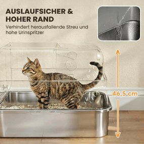 PawHut XXL nerezová krytá toaleta pro velké kočky — sklápěcí kryt, vysoké boky, vrchní vstup, lopatka, odolná vůči zápachu, snadné čištění, černá