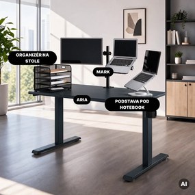 Elektrický stůl s nastavením výšky ergonomický antracitový,1200x600 mm: ARIA