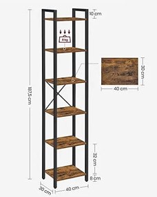 Regál TAYLOR hnědý s černou konstrukcí, 6 polic