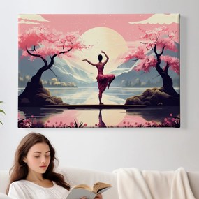 Obraz na plátně - BALANC, žena stojící mezi sakurami, Japonsko FeelHappy.cz Velikost obrazu: 180 x 120 cm