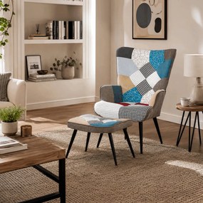 Relaxační křeslo s podnožkou AIRO - patchwork látka