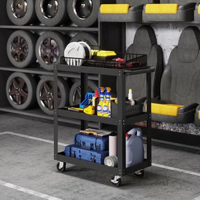 HOMCOM pojízdný vozík na nářadí, 3 police, s boční rukojetí a zajišťovacími kolečky, pro dílnu/garáž/sklad, nosnost 120 kg, 70,5 × 35 × 82,5 cm, černý
