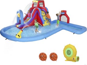 AIYAPLAY Vodní nafukovací zámek s ventilátorem 550 W, skluzavka, lezecká stěna, bazén, koš na basketbal, fotbalová branka