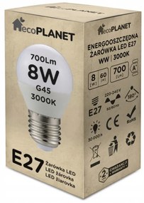 ecoPLANET LED žárovka E27 - G45 - 8W - 700lm - teplá bílá