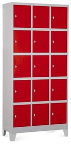 Kovová šatní skříňka - 15 boxů, 90 x 40 x 195 cm, pevné nohy, otočný zámek, červená - ral 3000