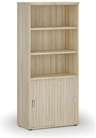 Kombinovaná kancelářská skříň PRIMO WOOD, zasouvací dveře na 2 patra, 800 x 420 x 1781 mm, dub přírodní