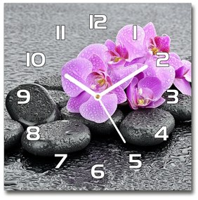 Wallmuralia Skleněné hodiny čtverec Orchidej a kamení 30x30 cm