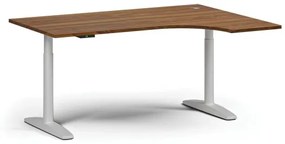 Výškově nastavitelný stůl OBOL, elektrický, 675-1325 mm, rohový pravý, deska 1600x1200 mm, bílá zaoblená podnož, ořech