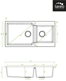 Laveo Milos, 2-komorový granitový dřez 980x500x215 mm, černá, LAV-SPM_B209