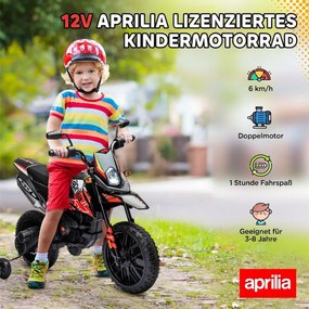 Dětská elektrická motorka AIYAPLAY křížový motocykl pod licencí Aprilia se 2 motory 12V, max. rychlost 6 km/h, tréninková kolečka, pružinové odpružen…