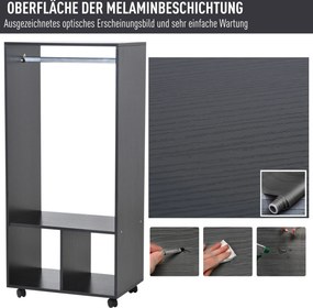 HOMCOM Skříň na kolečkách, Otevřený design s závěsnou tyčí a policemi pro organizaci oblečení do ložnice 60x40x128 cm Černá
