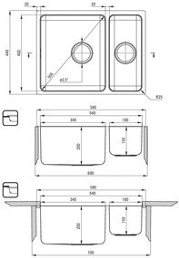 Deante Egeria, nerezový dřez pod desku 1,5-komorový B/O 570x440x200 3,5" + prostorově úsporný sifon, vzor satyna, ZPE_050C
