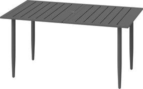 Zahradní stůl Outsunny 150x90cm, odolný ocelový balkonový stůl, balkonový stůl s otvorem pro slunečník, design prken, venkovní kempingový stůl, vedle…