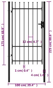 vidaXL Marketos Plotová branka BOXTEL jednokřídlé dveře s hroty nahoře ocel 1x1,75 m černá