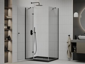 Mexen Roma, sprchový kout s 1-křídlými dveřmi 120 (dveře) x 80 (stěna) cm, 6mm čiré sklo, černý profil, slim sprchová vanička 5cm černá s černým sifonem, 854-120-080-70-00-4070B