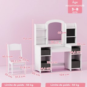 AIYAPLAY Dětský toaletní stolek s taburetem a LED zrcadlem, toaletní stolek pro 3–8 let, 104 x 40 x 112 cm, bílá