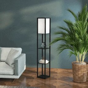 HOMCOM Stojací lampa s policemi E27 do 40 W bez žárovky, interiérové osvětlení do obývacího pokoje a ložnice, dřevo v černé barvě, 26x26x160 cm