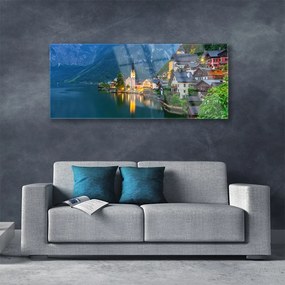 Plexisklo-obraz Hory Městečko Noc Jezero 125x50 cm