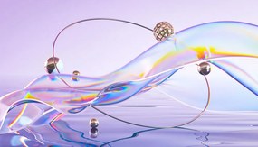 Fototapeta Abstract 3D Render. Glass Ribbon On Water With Geometric Circle And Spheres. Holographic Shape In Motion. Iridescent Digital Art For Banner Background, Wallpaper. Transparent Glossy Design Element. Strukturální vinyl 368x254