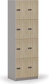 Dřevěná šatní skříňka S4 s úložnými boxy, 8 boxů, demont, mechanický kódový zámek, šedá/dub přírodní